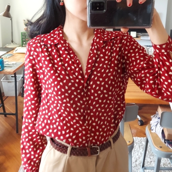 Source Unknown | Tops | Red Leaf Print Blouse Missing One Button At The ...